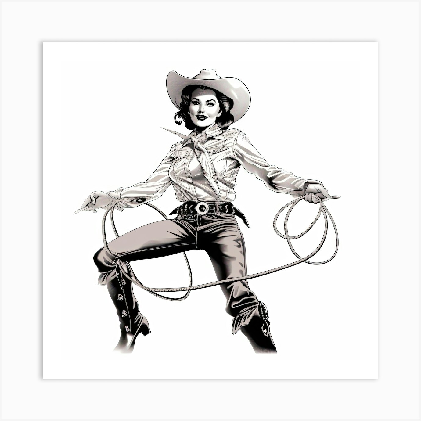 Cowgirl Line Art Drawing Art Print By Retro West Fy 