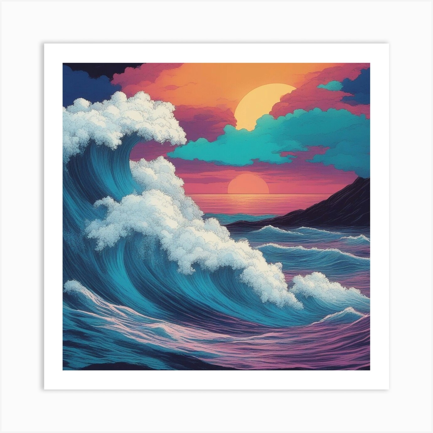 Hawaiian Sunset, big waves Art Print by IslaNovella - Fy