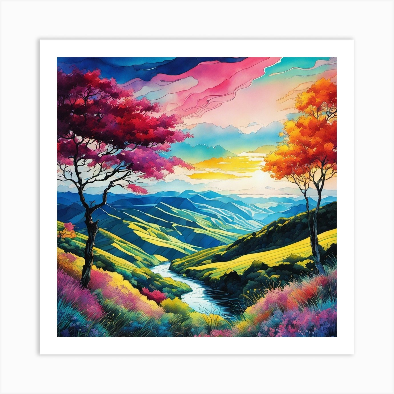 Splendid Landscape Artwork Fusion Between Cell Shading And Alcohol Ink
