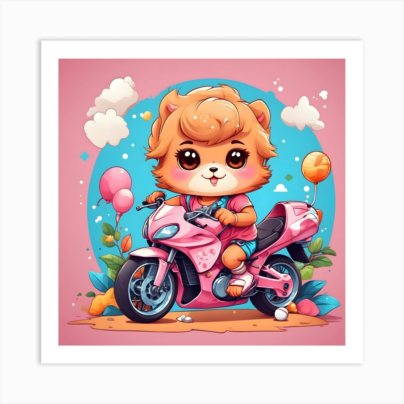 Cute Kitten On A Pink Motorcycle Art Print by Ishwar Creation - Fy