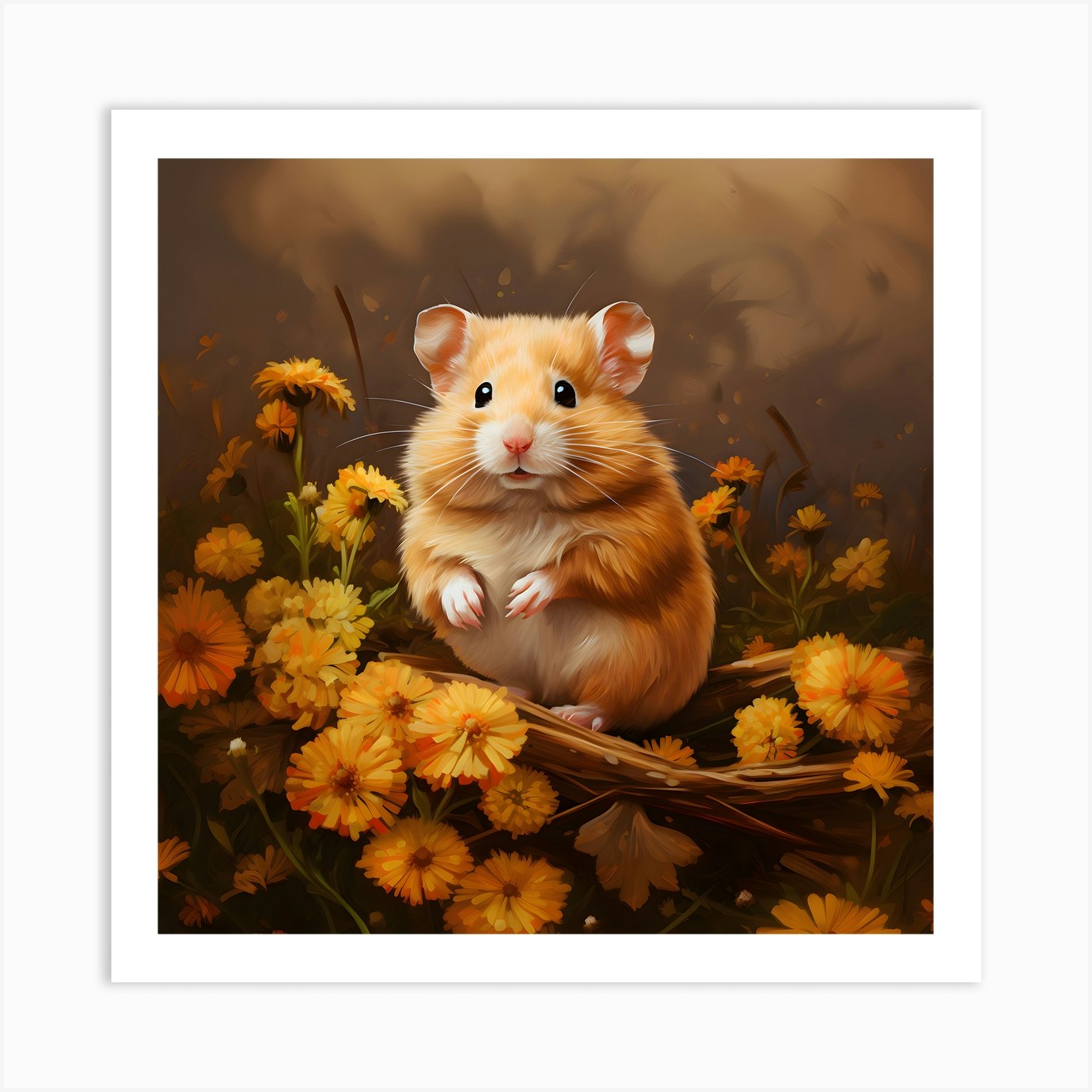 Hamster Amongst Orange Flowers 1 Art Print by Lozzerly - Fy