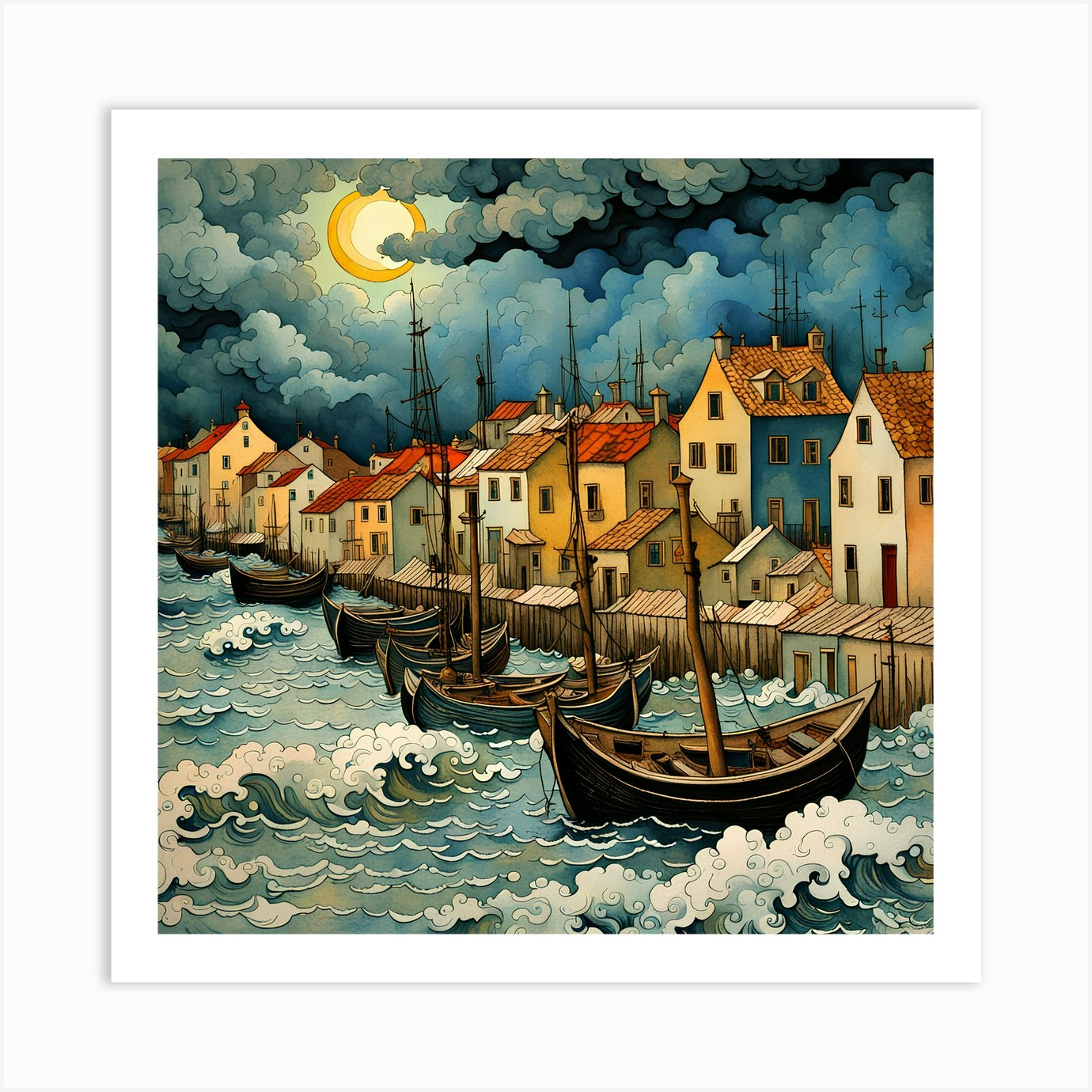 Vintage Boats On Stormy Sea Nightlife Art Print by AngelsArt - Fy