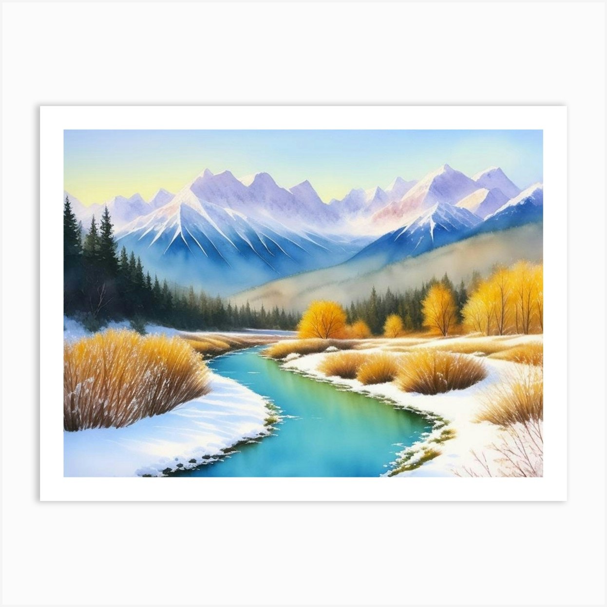 Winter Landscape Painting Snowy Mountains Art Print by AI Masterpiece - Fy