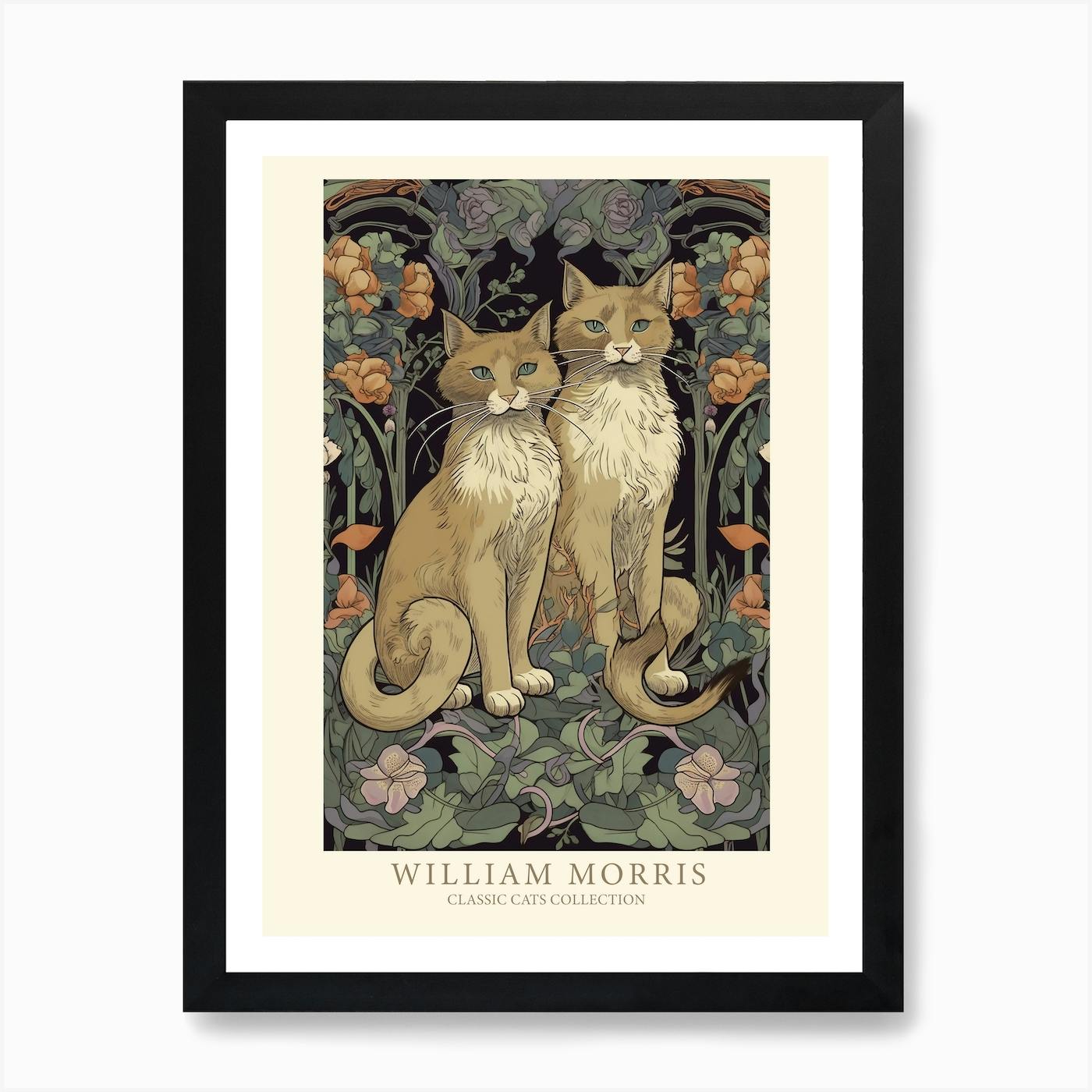 William Morris Inspired Classic Cats Orange Cats Floral Art Print by ...