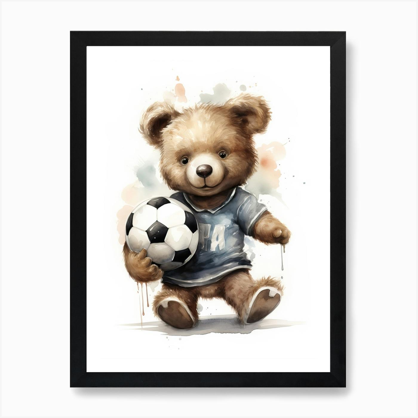 Football Soccer Ball Teddy Bear Painting Watercolour 6 Art Print by Tiny Wonders Nursery Art Fy