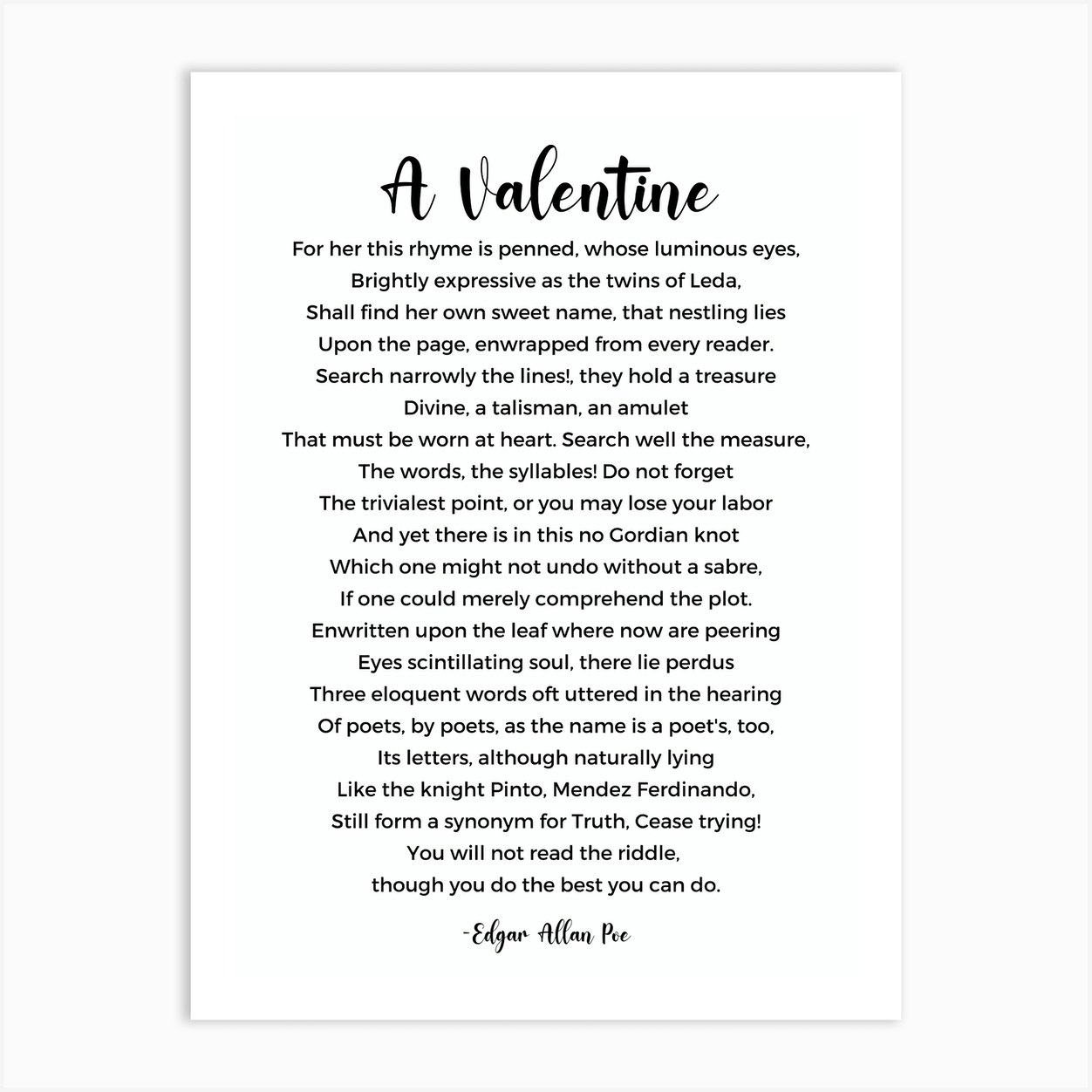 A Valentine Poem By Edgar Allan Poe Art Print by Shark Printables - Fy
