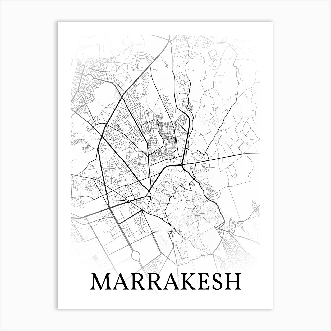 Marrakesh, Morocco, City Map, Black And White Fade Design Art Print by ...