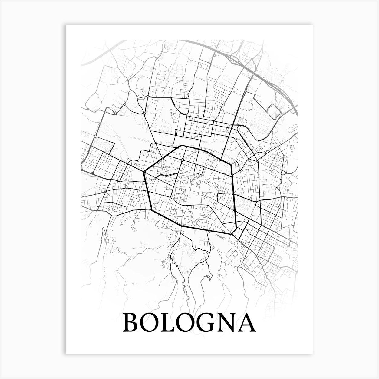 Bologna, Italy, City Map, Black And White Fade Design Art Print by ...