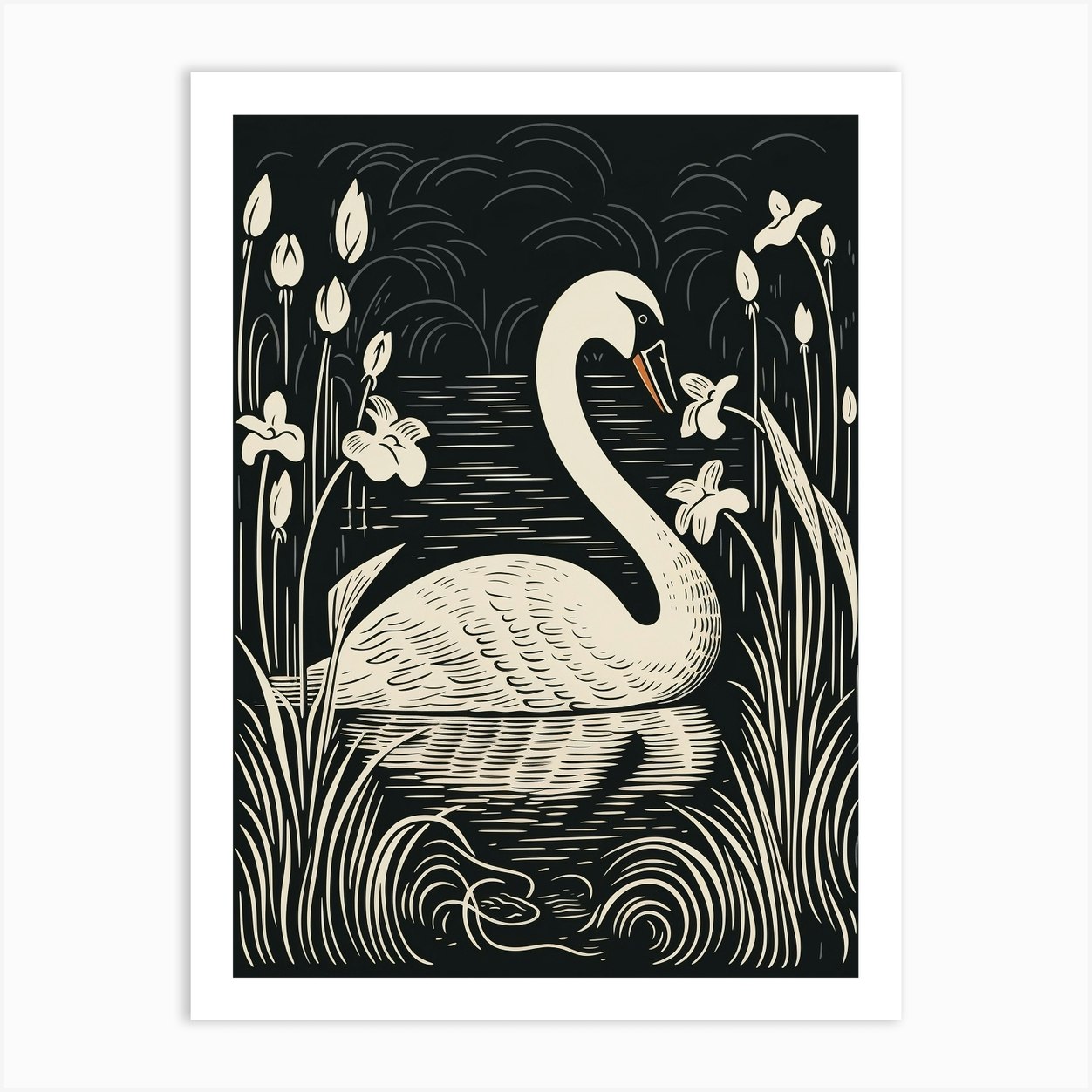 B&W Bird Linocut Swan 2 Art Print by Feathered Muse - Fy