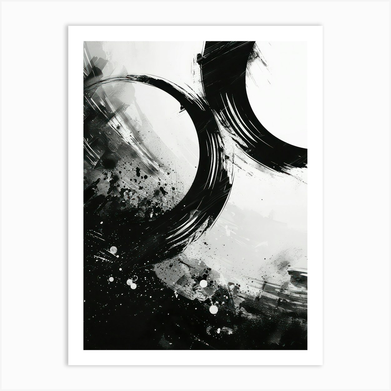 Black and White Grungy Brushed Circles Art Print by Emily Abramson - Fy