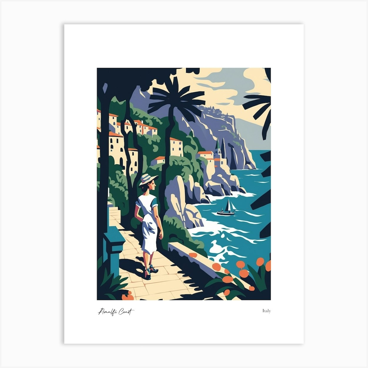 Amalfi Coast Matisse Style, Italy 7 Watercolour Travel Poster Art Print by Fusion Designs - Fy
