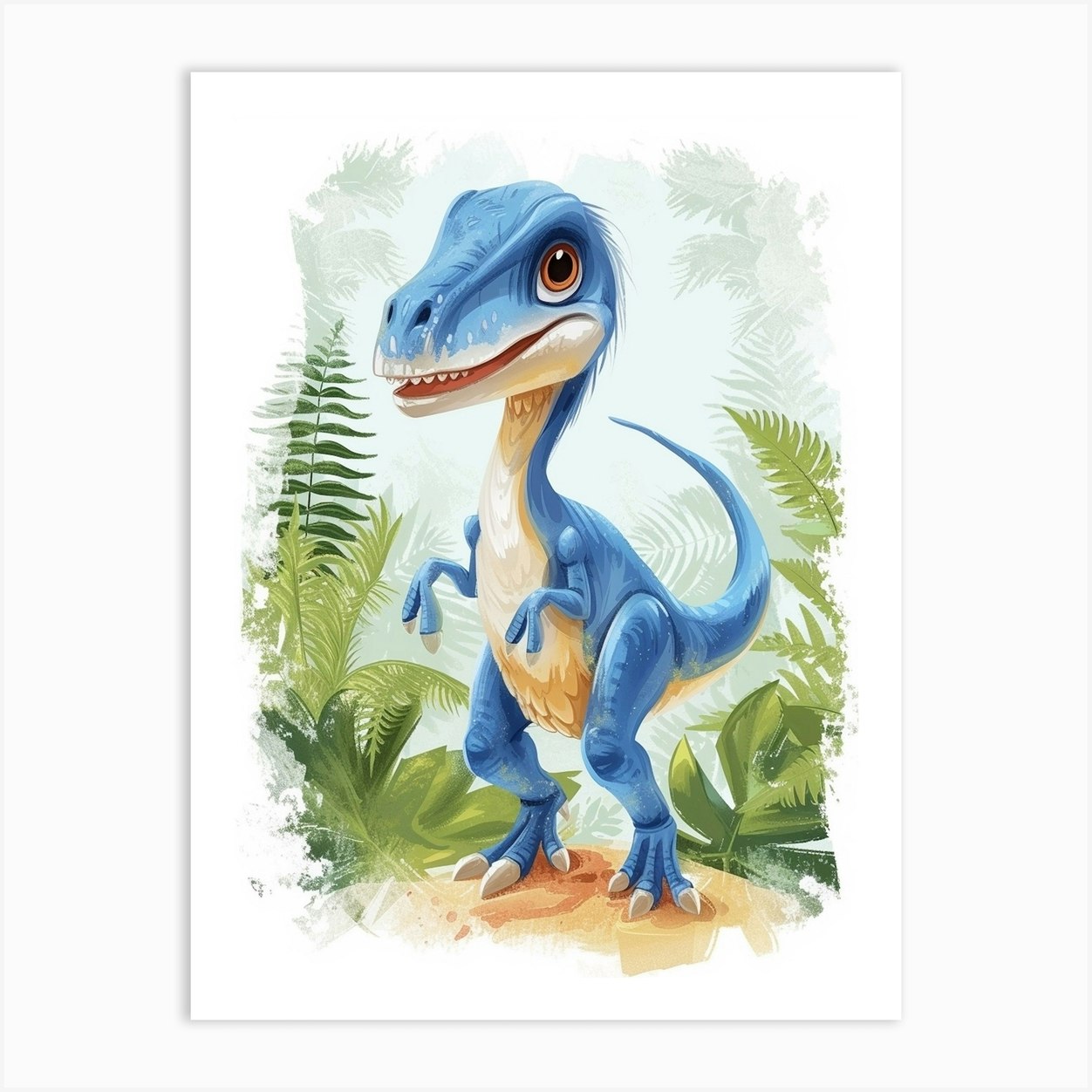 Cartoon Microraptor Dinosaur Watercolour 3 Art Print by Dino Delights - Fy