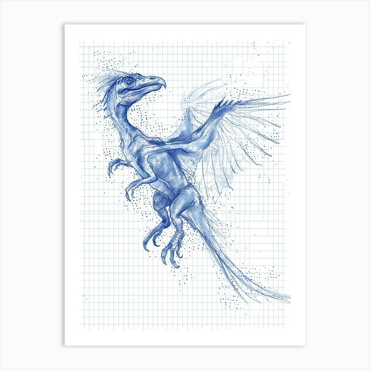 Microraptor Dinosaur Blue Print Sketch 2 Art Print by Dino Delights - Fy
