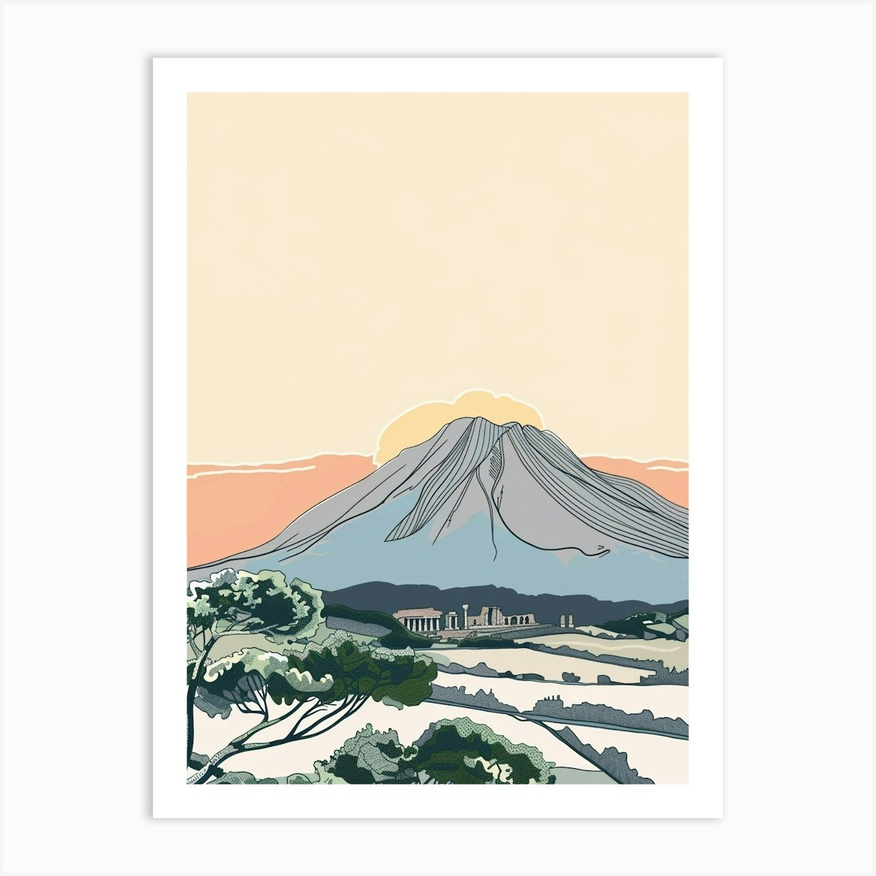 Mount Vesuvius Italy Color Line Drawing (5) Art Print by Pixel Peaks - Fy
