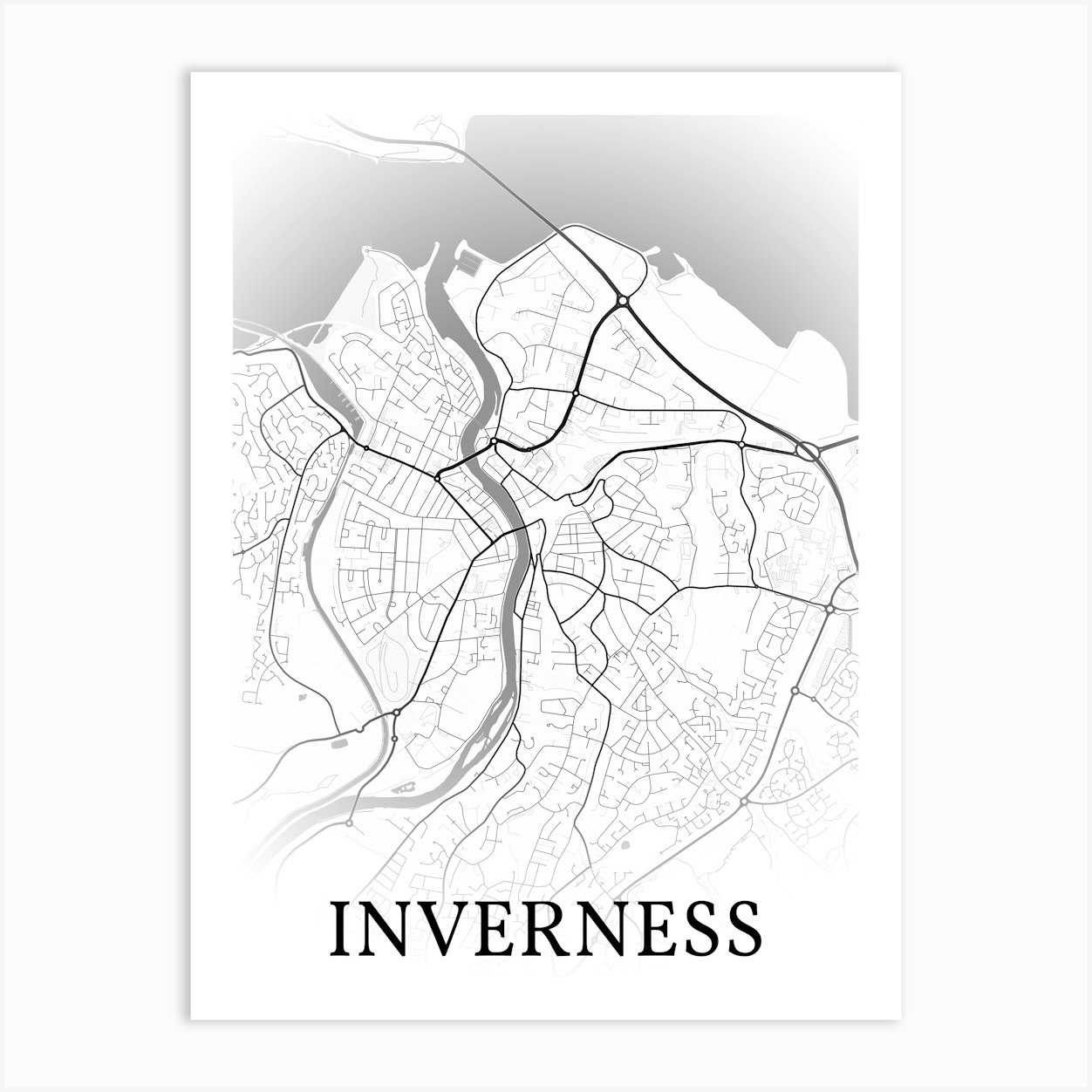 Inverness, Scotland, Uk, City Map, Black And White Fade Design Art ...