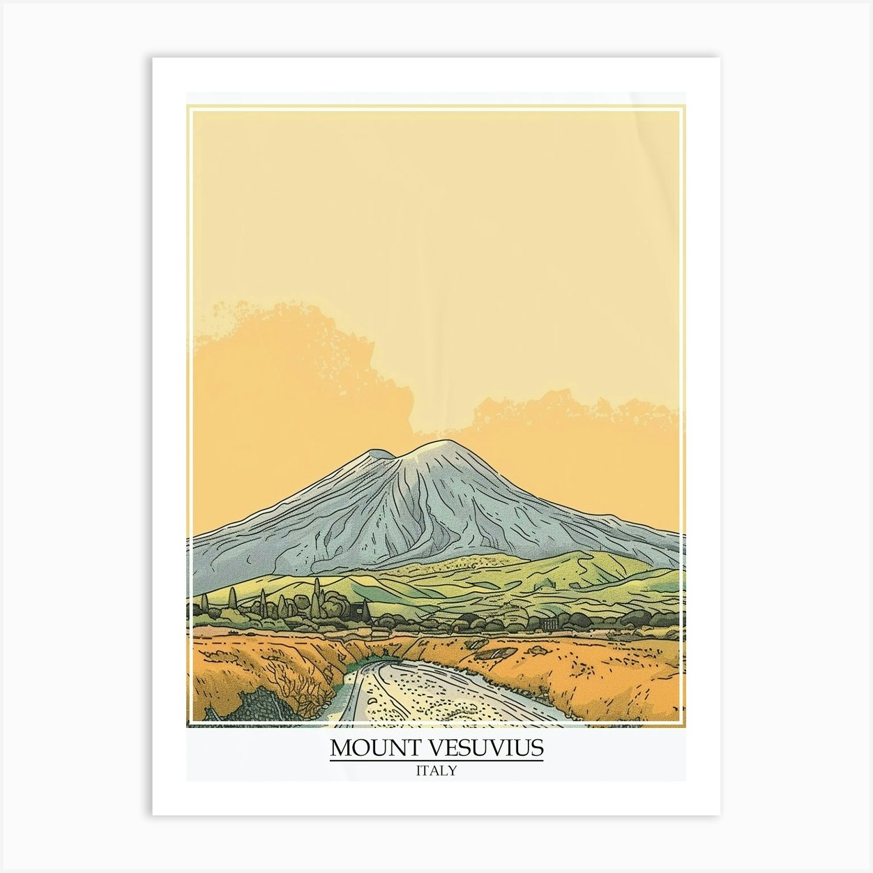 Mount Vesuvius Italy Color Line Drawing 7 Poster Art Print by Pixel ...