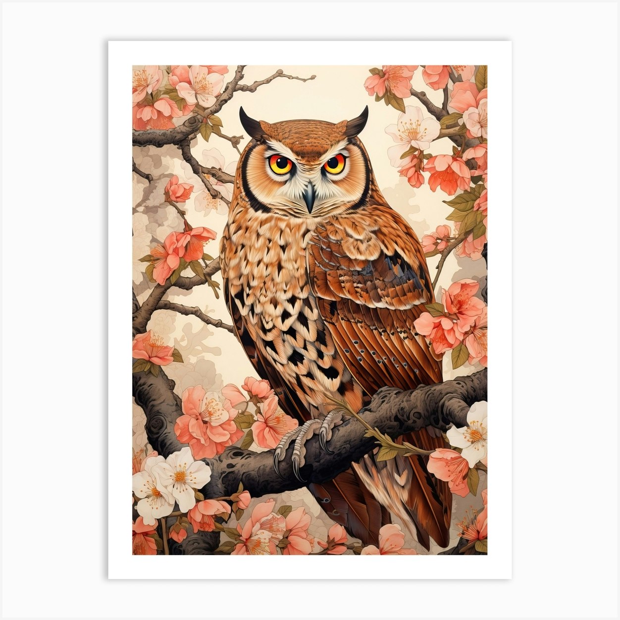 Owl Animal Drawing In The Style Of Ukiyo E 2 Art Print by Ukiyo-e Wonders - Fy