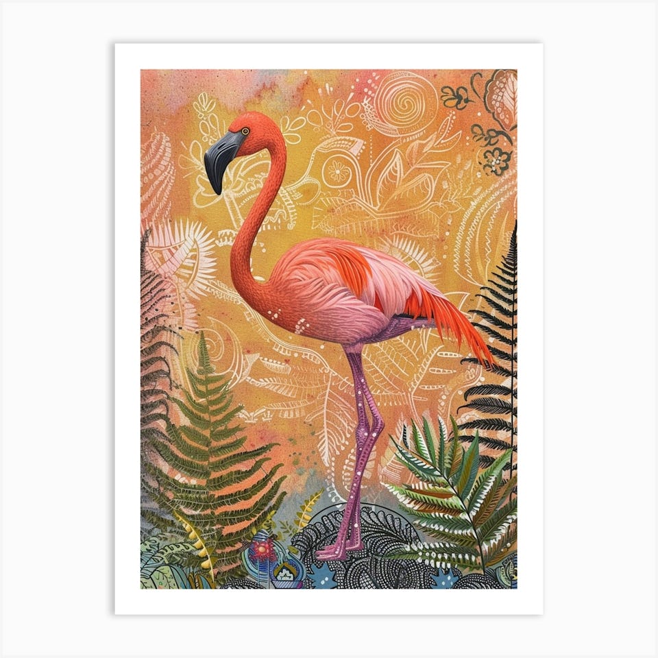 Greater Flamingo And Ferns Boho Print 3 Canvas Print by Flamingo Flair - Fy