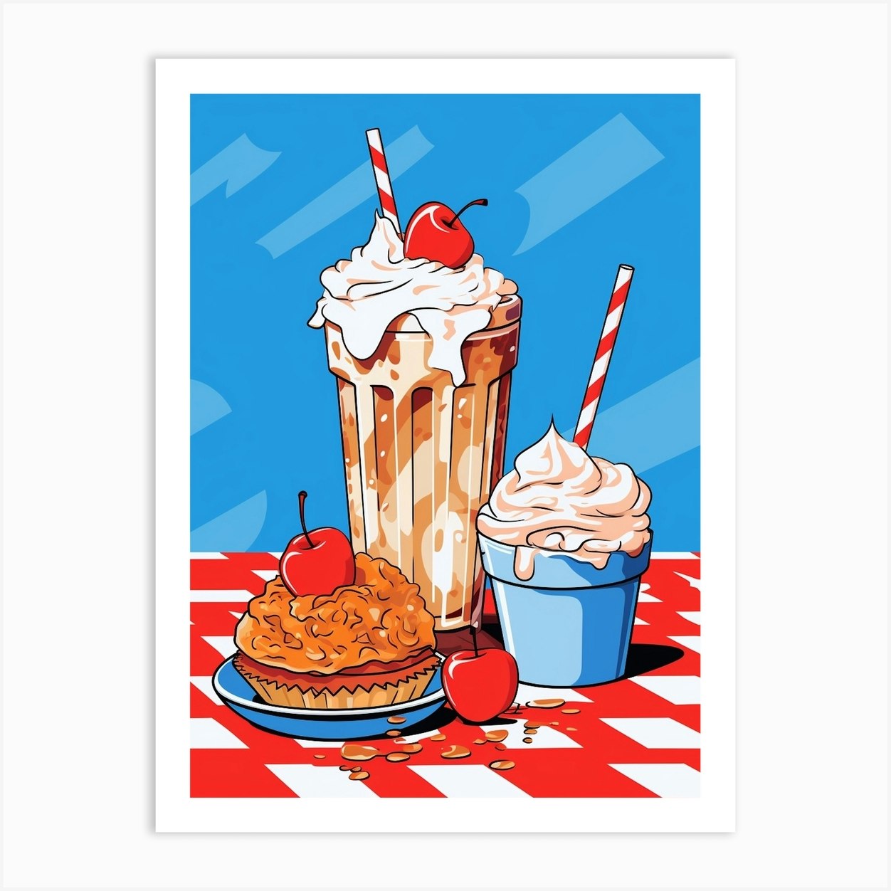 Milkshake Blue Red Checkerboard Art Print by PopArt Pals - Fy