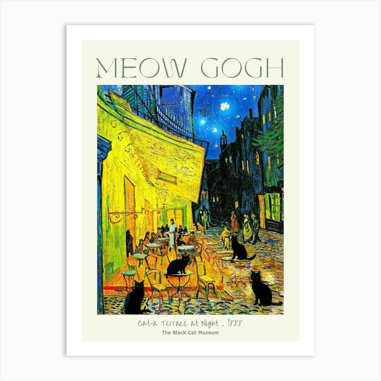 Meow Gogh Cat-a Terrace at Night 1888 Funny Cat Vintage Poster Fine Art Print Black Cats Meeting ...