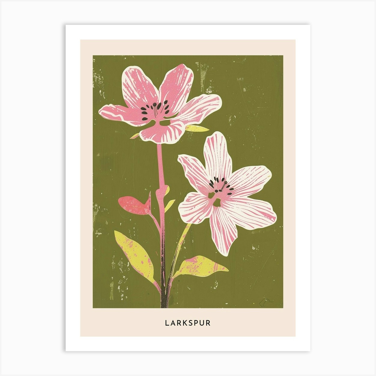 Pink & Green Larkspur 3 Flower Poster Art Print by Botanic Studio - Fy