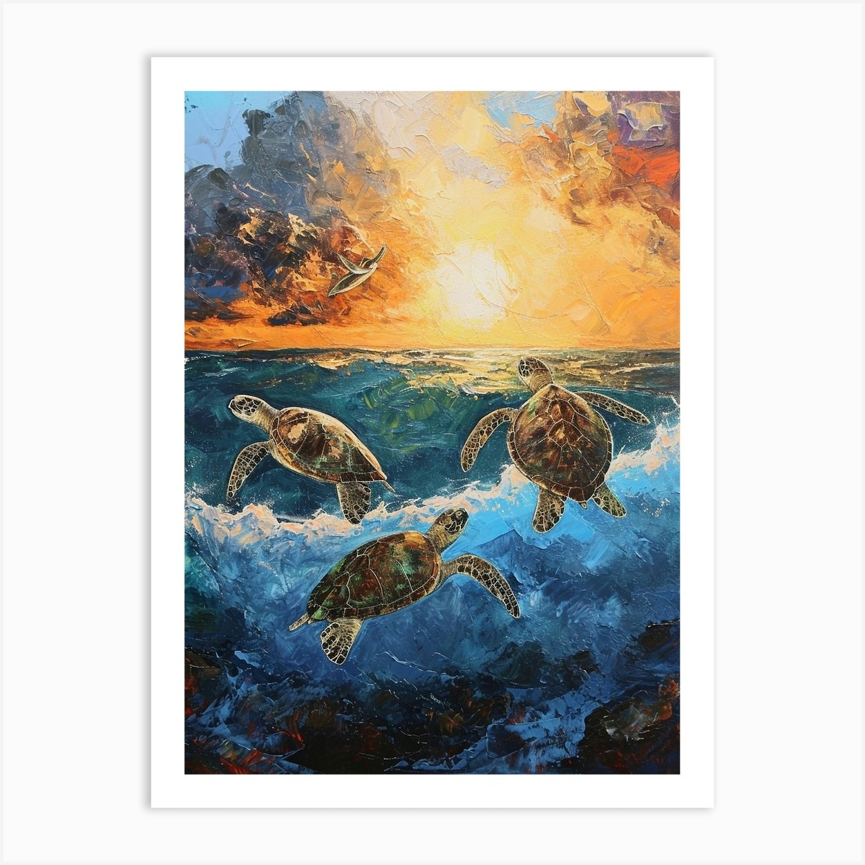 Expressionism Style Painting Of Sea Turtles In The Waves 1 Art Print by Energy of the Sea - Fy