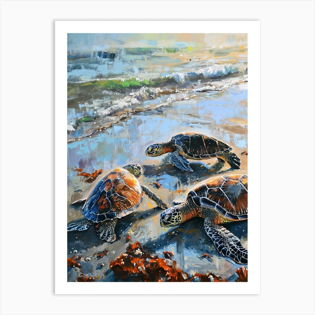 Sea Turtles In The Sand Expressionism Style Painting Art Print by Energy of the Sea - Fy
