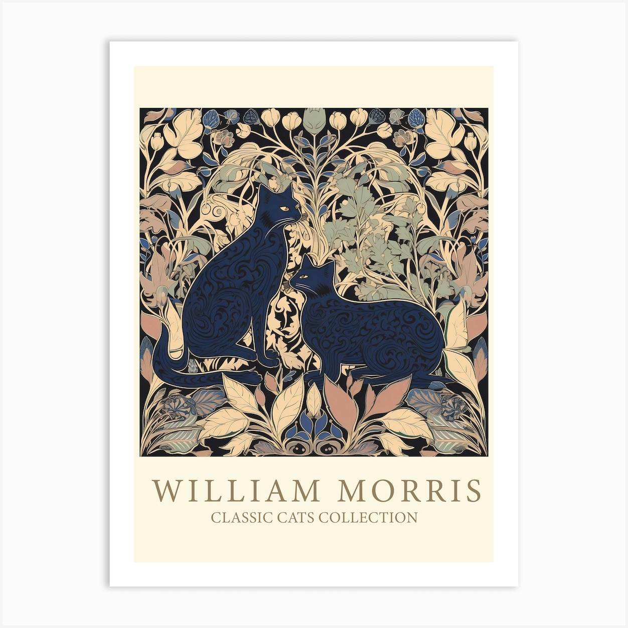 William Morris Inspired Classic Cats Blue Art Print by Mambo - Fy