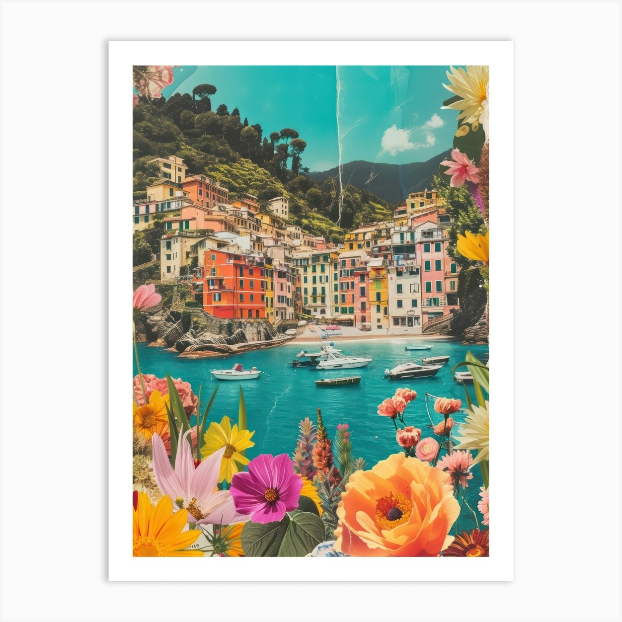 Portofino Floral Retro Collage Style 1 Art Print by Cityscape Art Co. - Fy