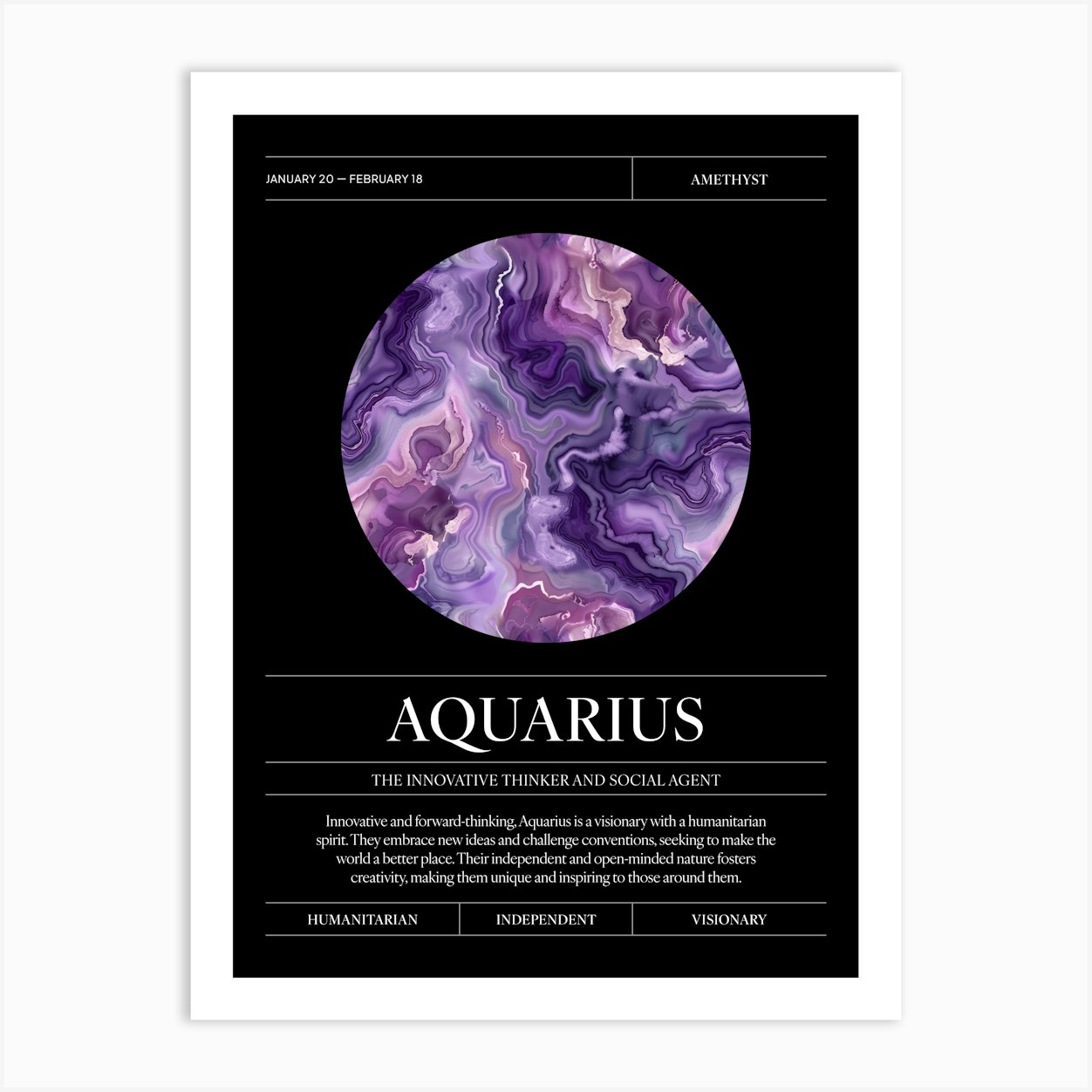 Amethyst Crystal Gem, Aquarius Zodiac Sign Art Print by Nonsense Goods - Fy