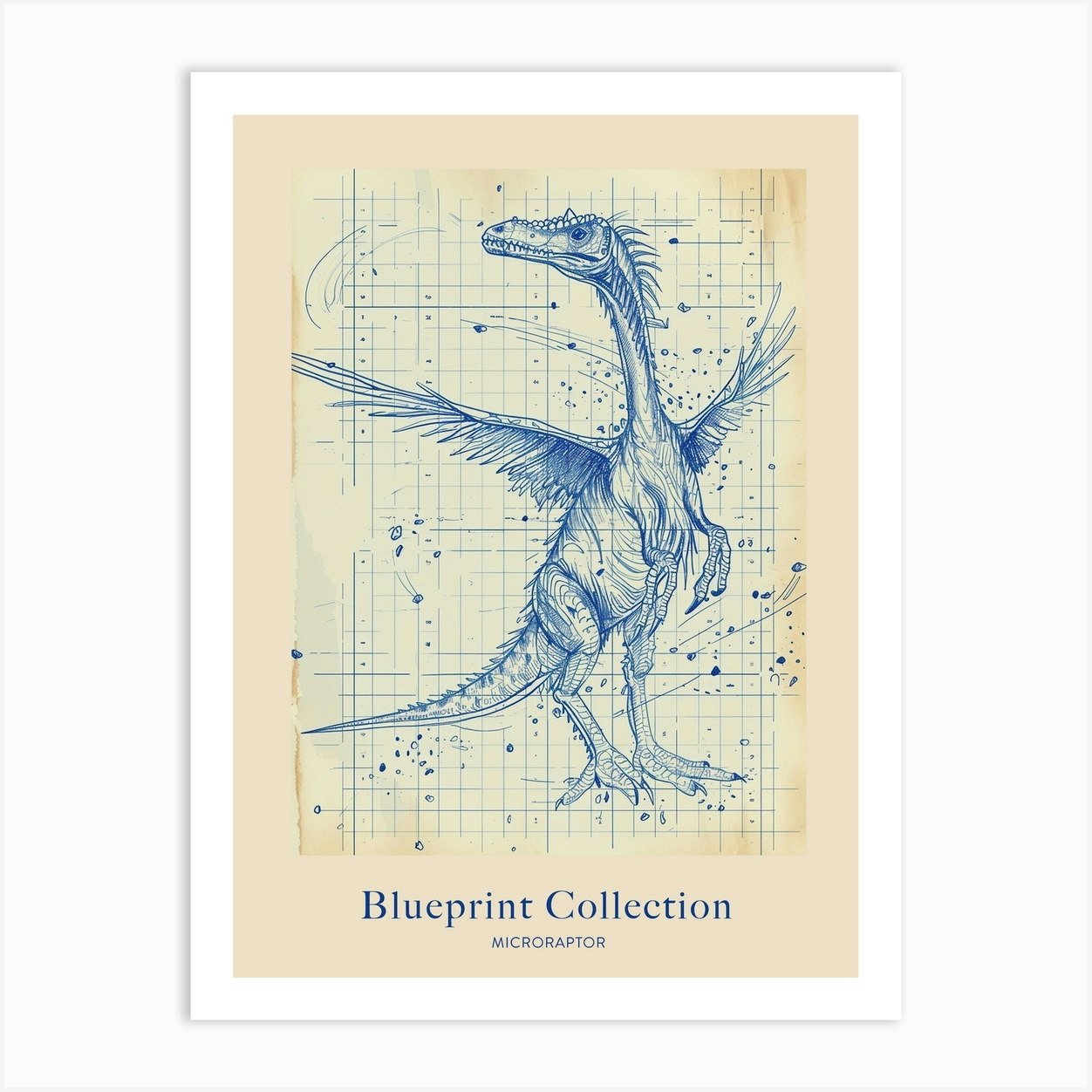 Microraptor Dinosaur Blue Print Sketch 1 Poster Art Print by Dino ...