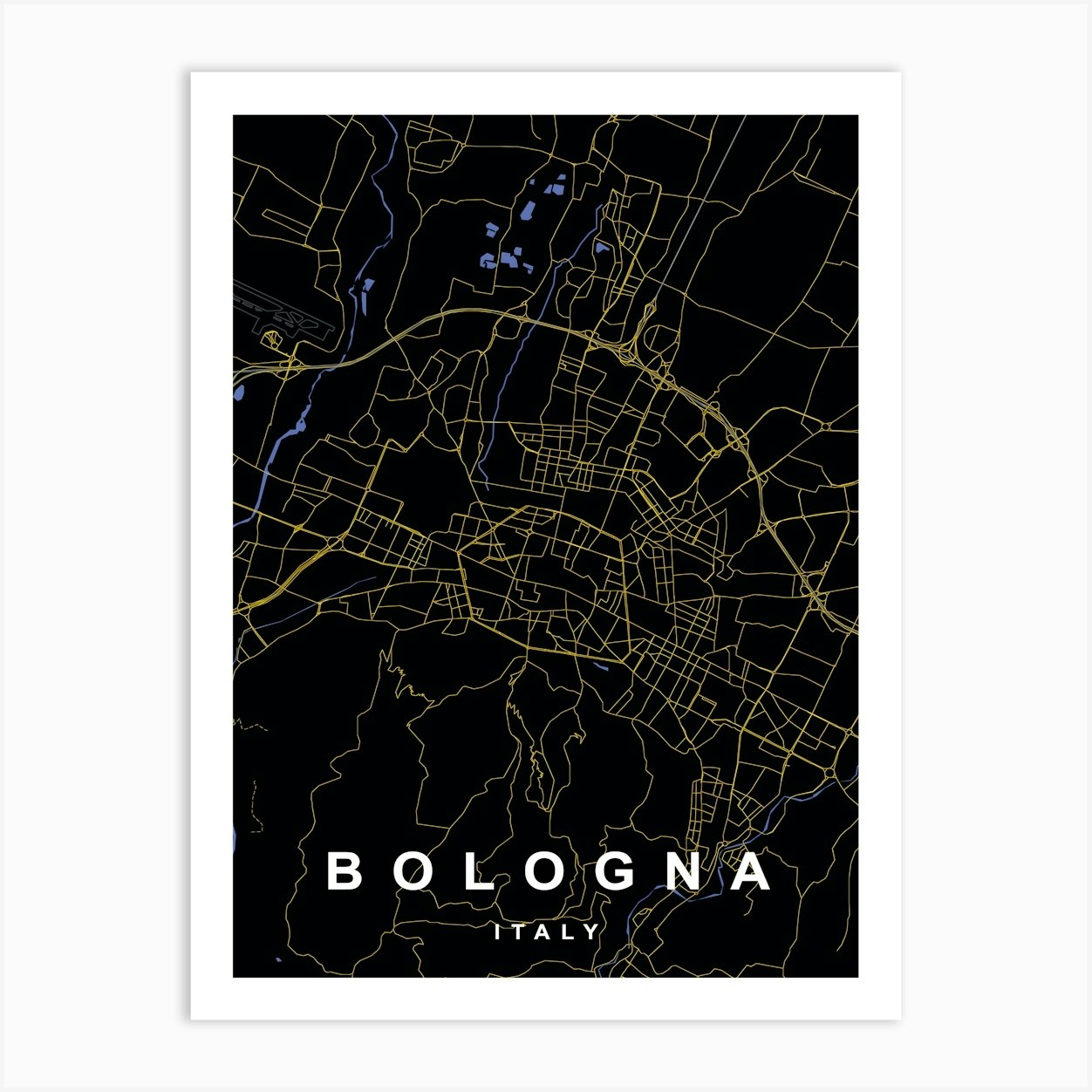 Bologna Italy City Map Black and Gold Art Print by Charnwood Prints - Fy