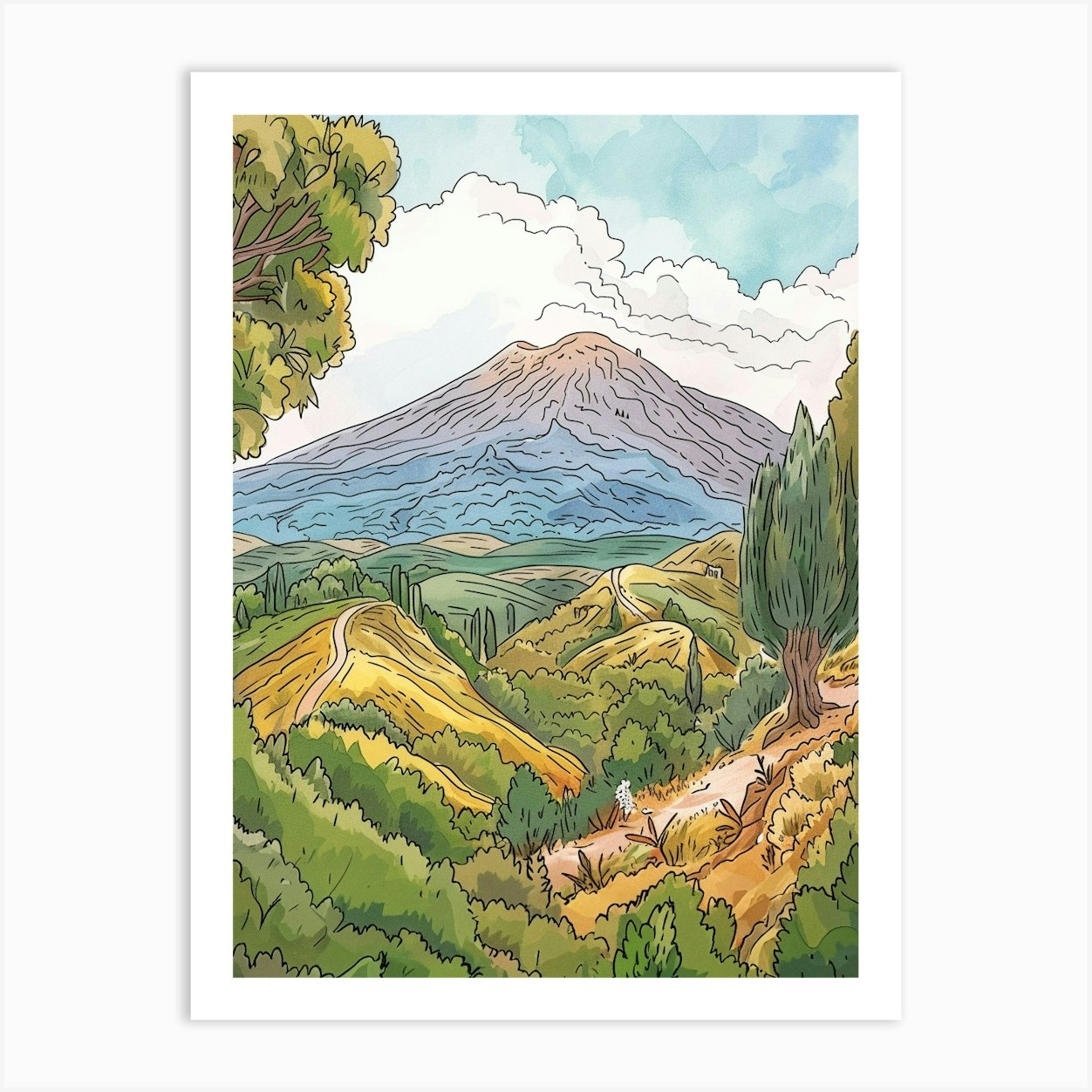 Mount Vesuvius Italy Color Line Drawing (1) Art Print by Pixel Peaks - Fy