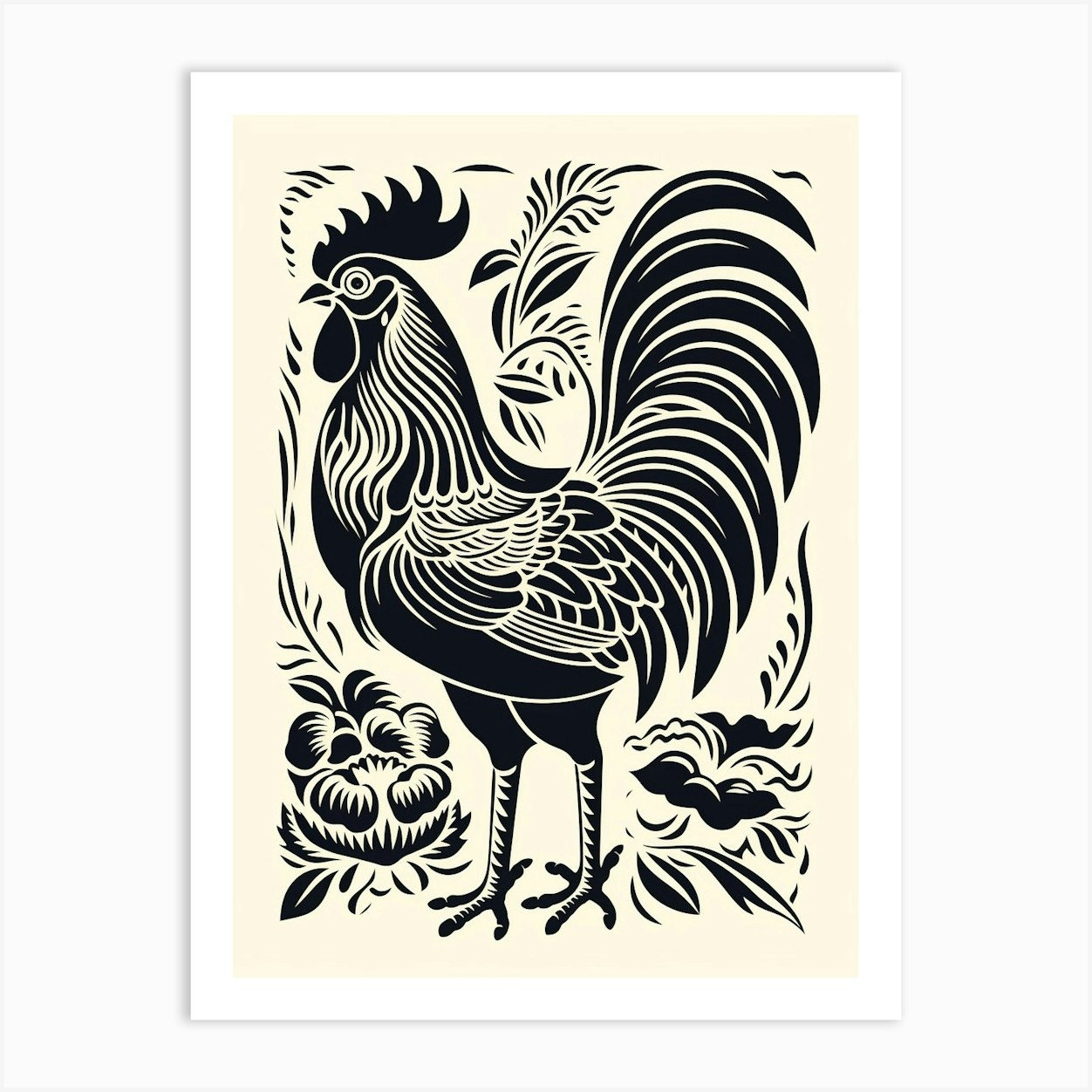 B&W Bird Linocut Rooster 3 Art Print by Feathered Muse - Fy