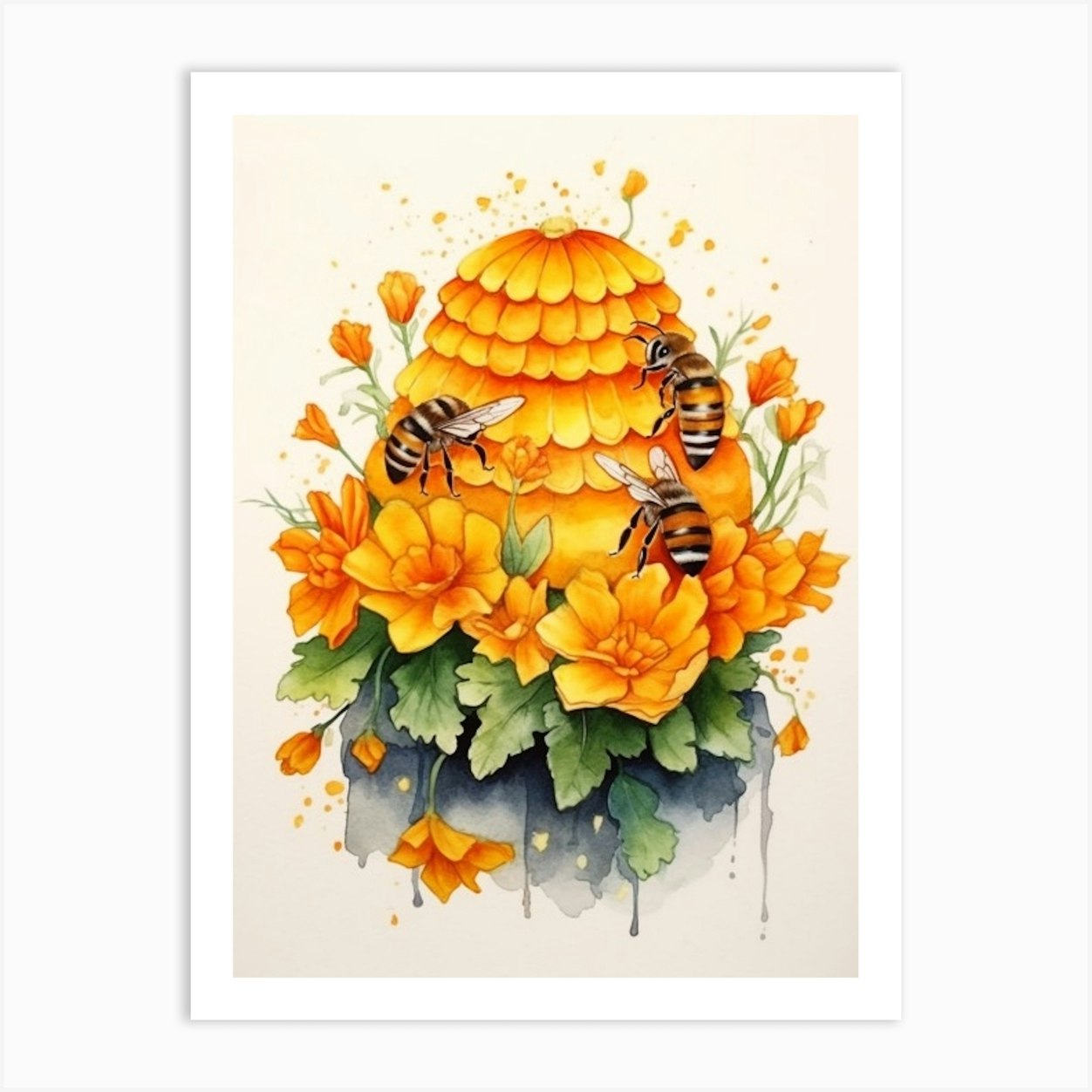 Beehive With Marigold Watercolour Illustration 3 Art Print by Flora ...