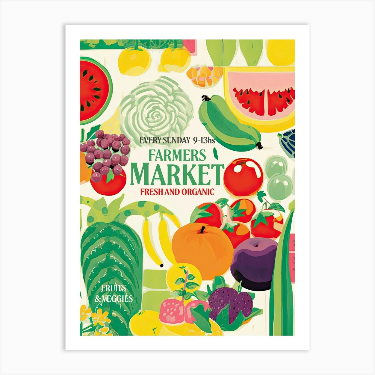 Farmers Market Poster Kitchen Fruits And Veggies Art Print by Mambo - Fy