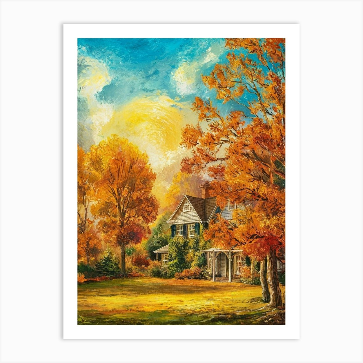 Autumn House Painting Art Print by AnikArts - Fy