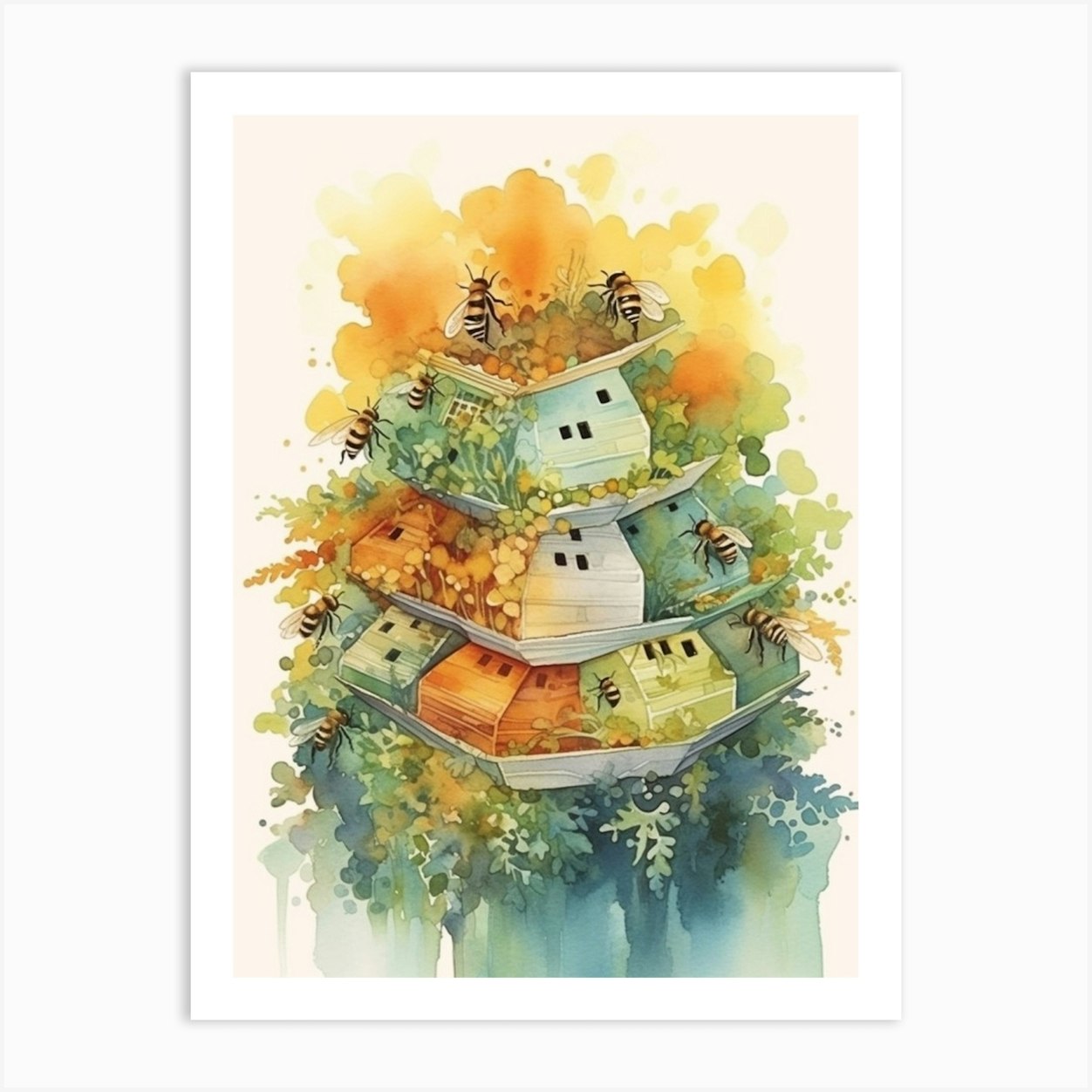 Beehives Bee Bee Beehive Watercolour Illustration 1 Art Print by Flora ...