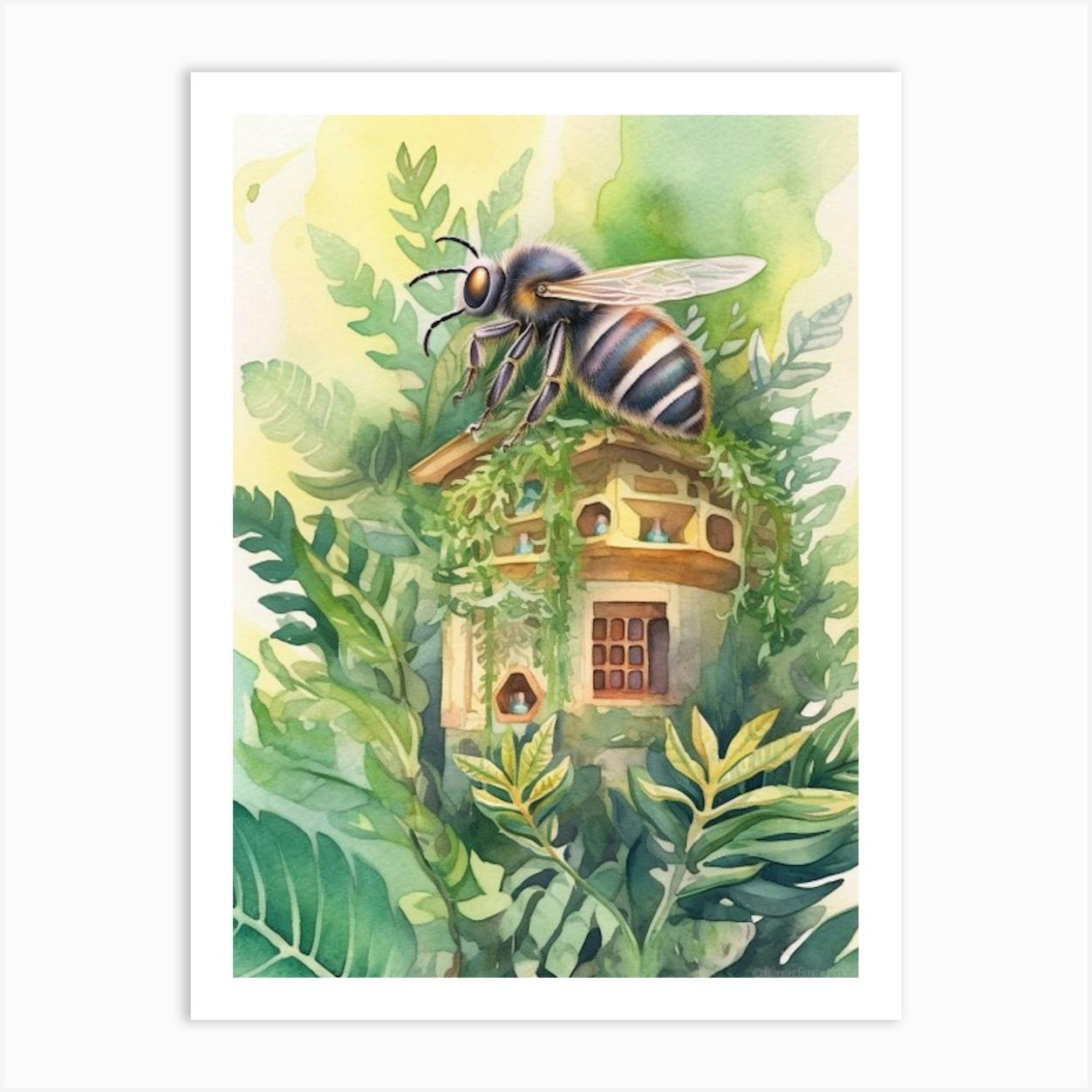 Striped Sweat Bee Beehive Watercolour Illustration 1 Art Print by Flora ...