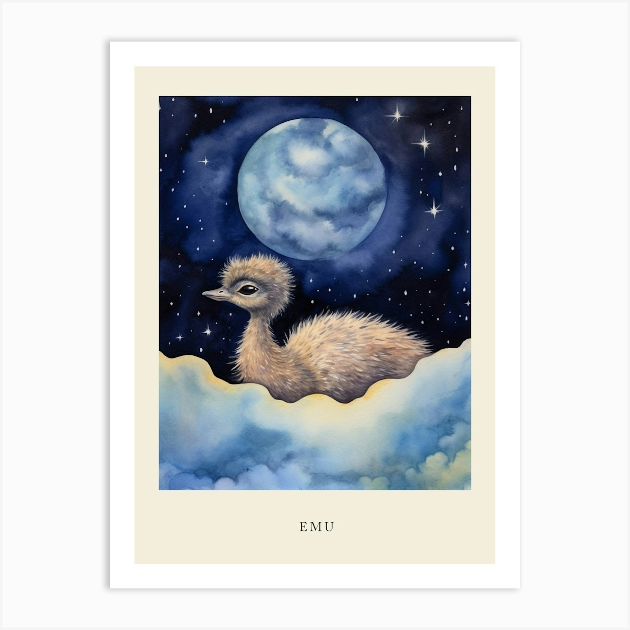Baby Emu Sleeping In The Clouds Nursery Poster Art Print by Scribble ...