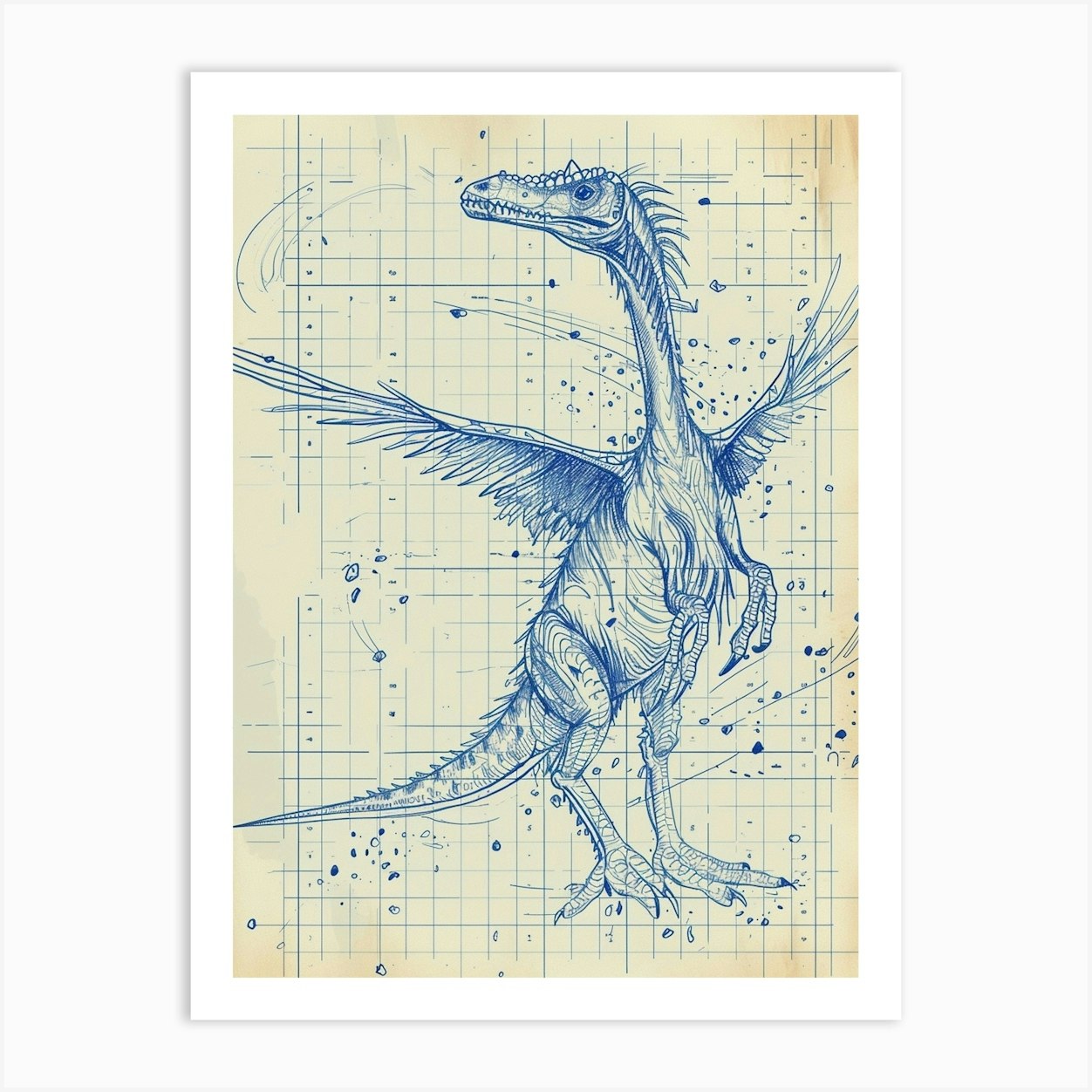 Microraptor Dinosaur Blue Print Sketch 1 Art Print by Dino Delights - Fy