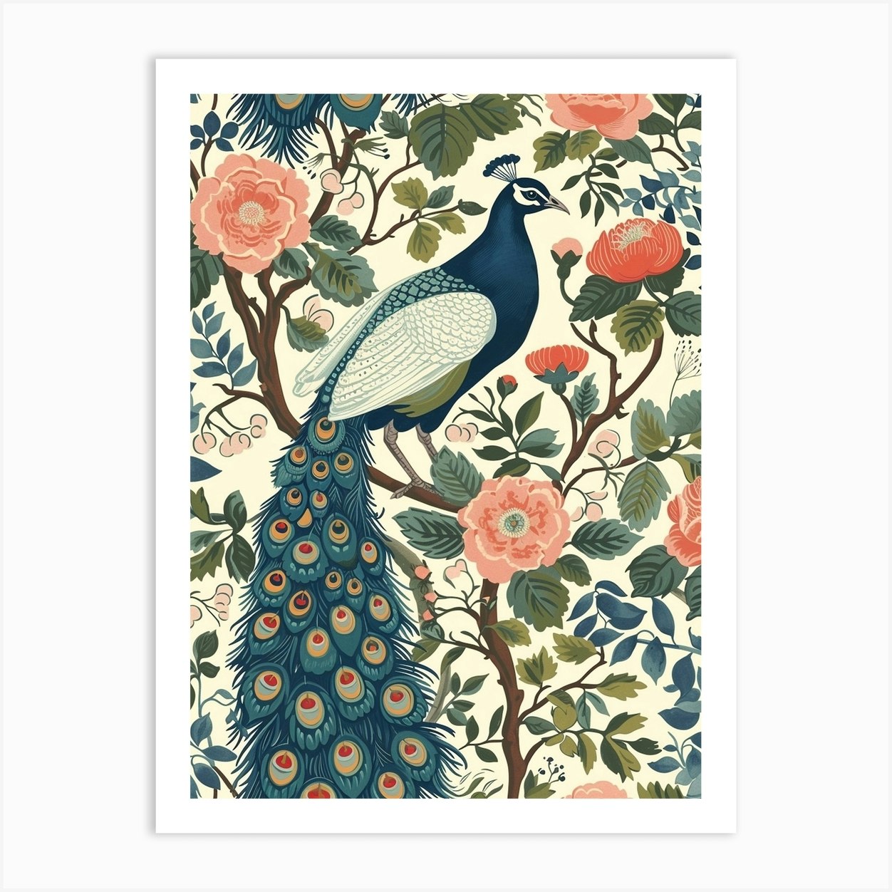 Floral Cream Vintage Peacock Wallpaper 2 Art Print by Featherline - Fy