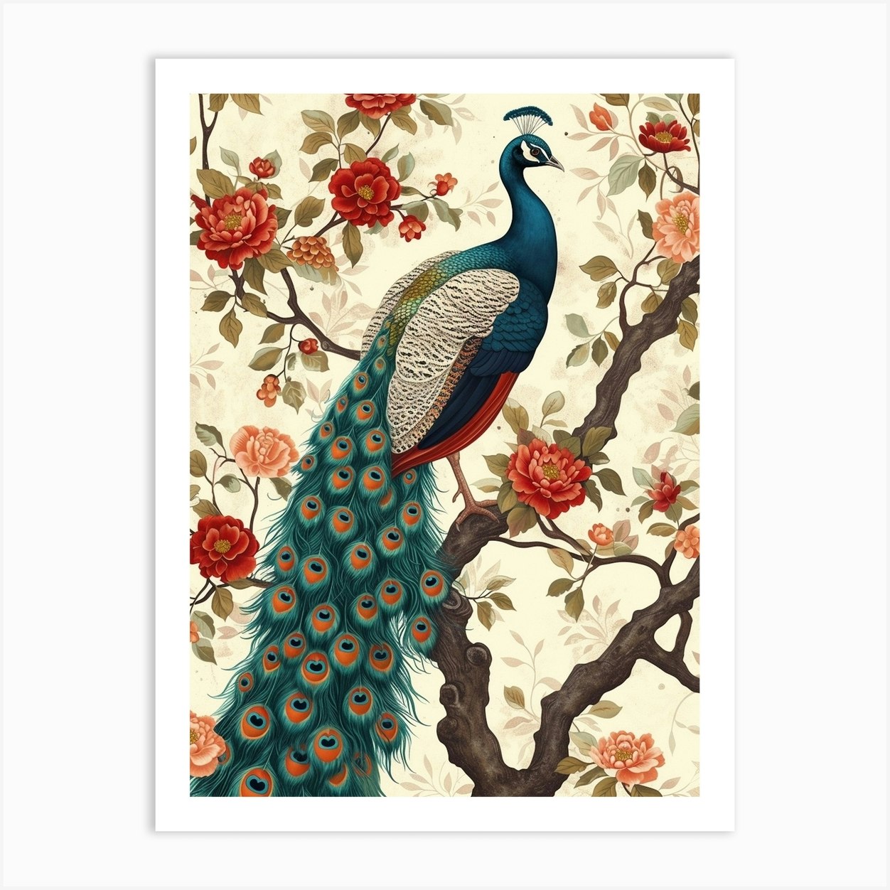 Cream Floral Vintage Peacock Wallpaper Inspired 6 Art Print by ...