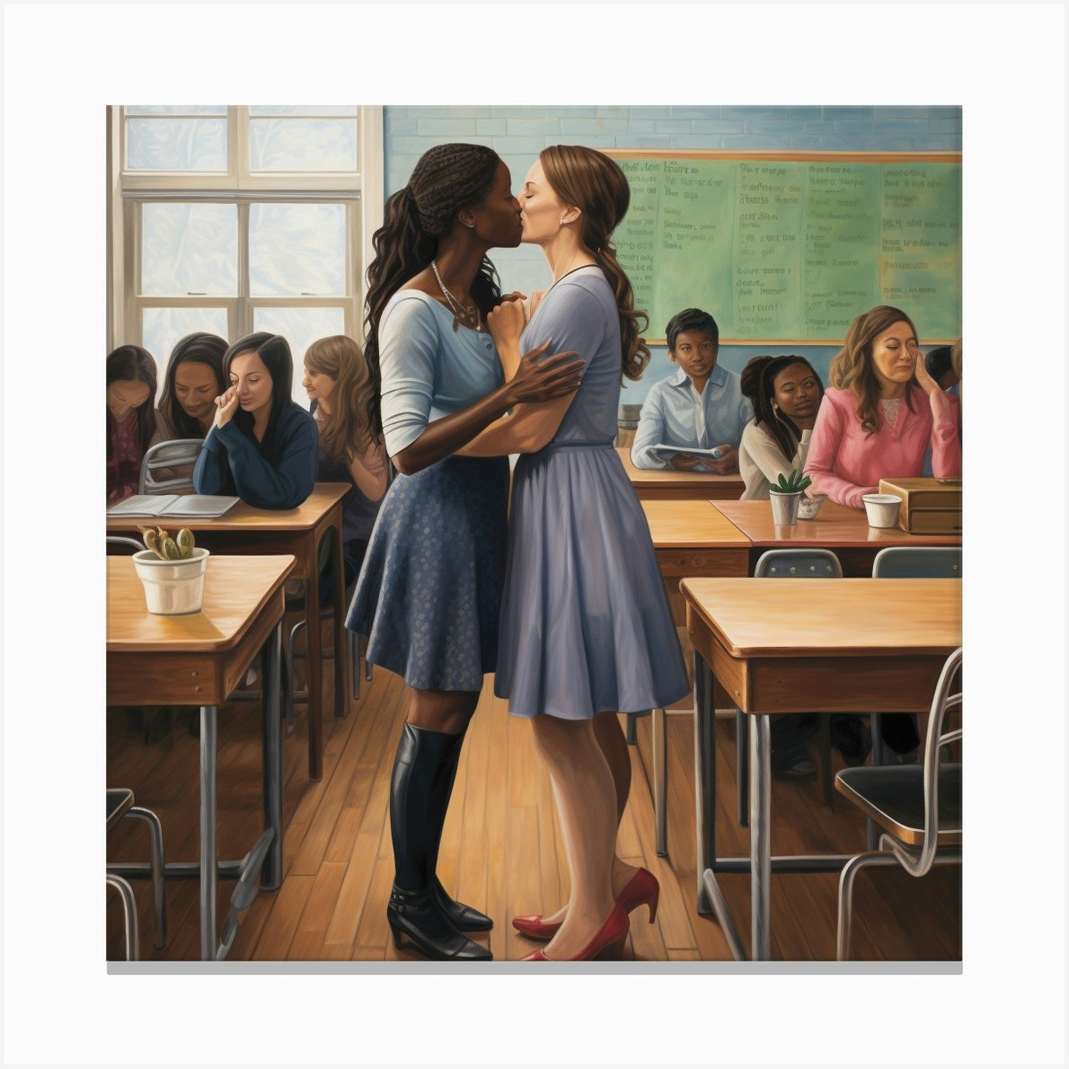 Two Female Teachers Kissing In A Classroom Canvas Print By Monika Fy