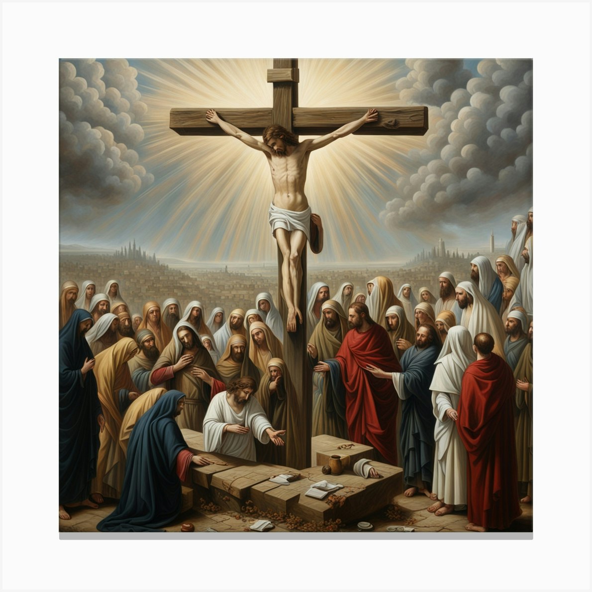 A Detailed Oil Painting Of The Crucifixion Of Jesus Ethereal Light Pouring From The Somber Sky ...
