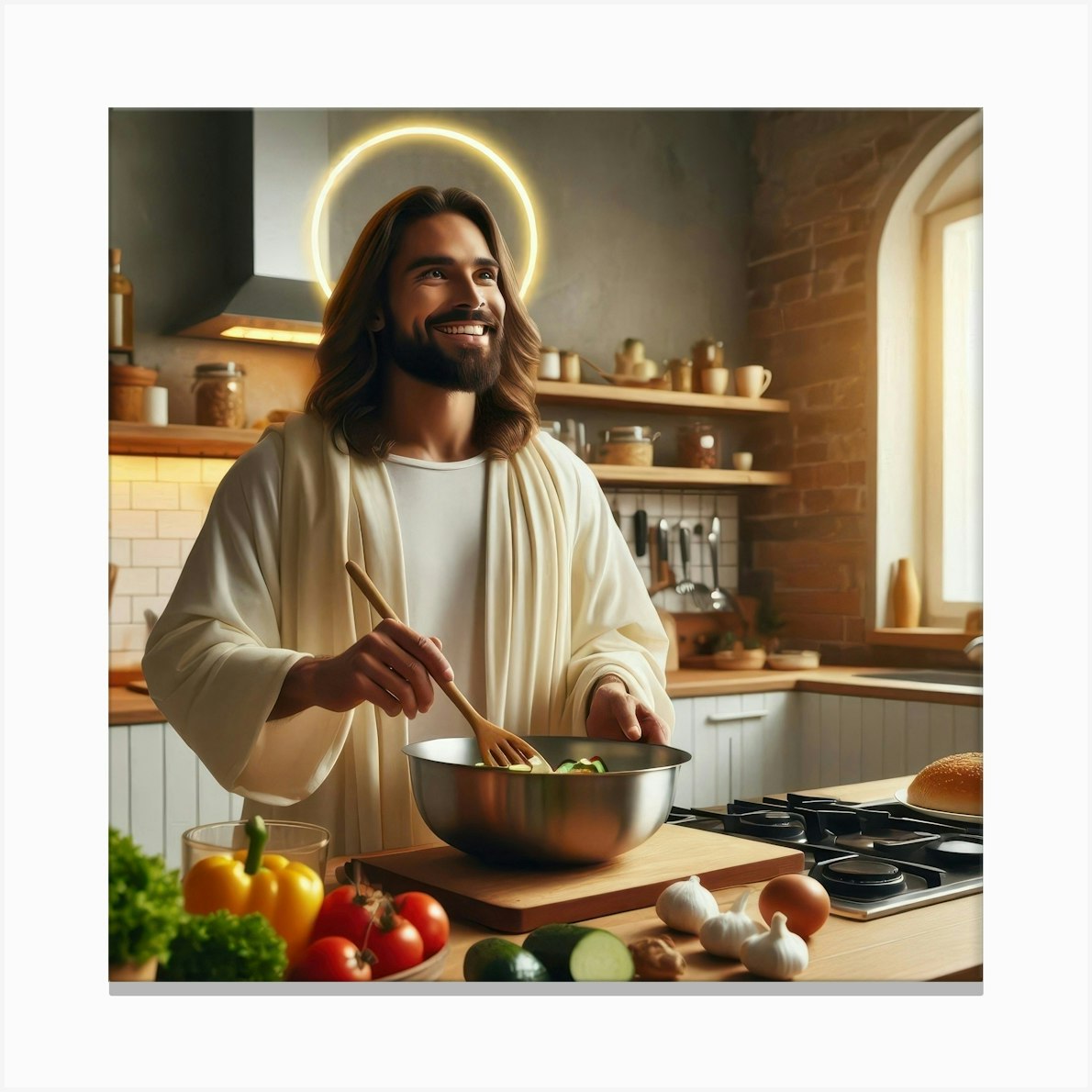 Jesus cooking a meal in a cozy modern kitchen 3 Canvas Print by EllePro ...