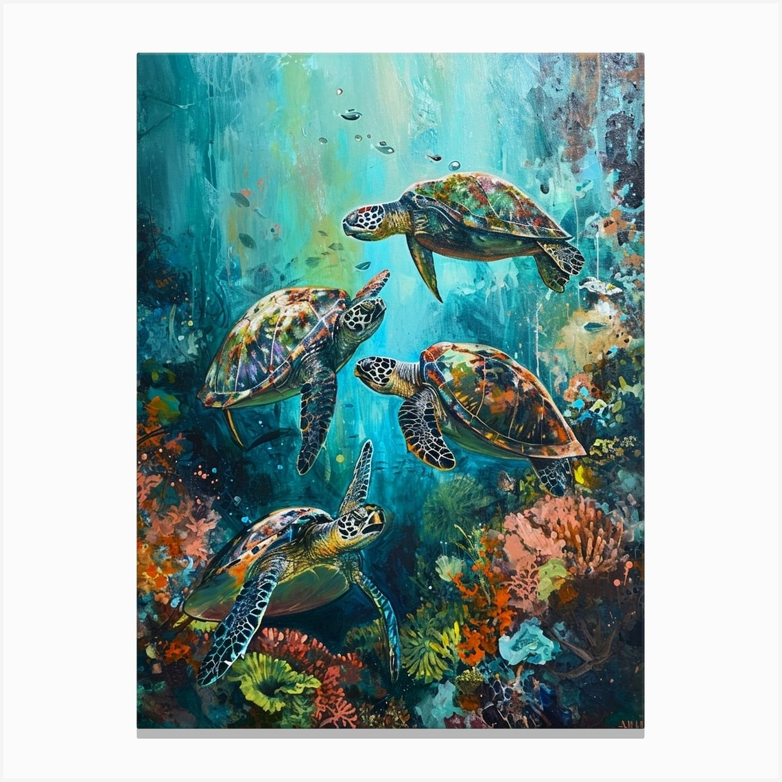 Sea Turtles With A Coral Reef Expressionism Style Painting 2 Canvas Print by Energy of the Sea - Fy