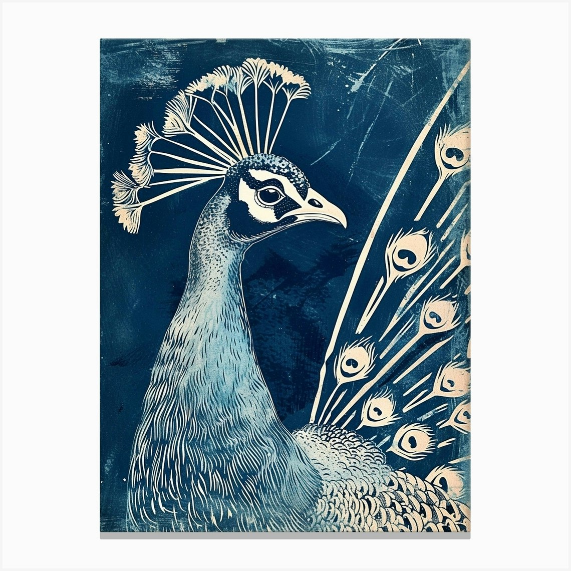 Blue Linocut Inspired Peacock Portrait 1 Canvas Print By Featherline Fy