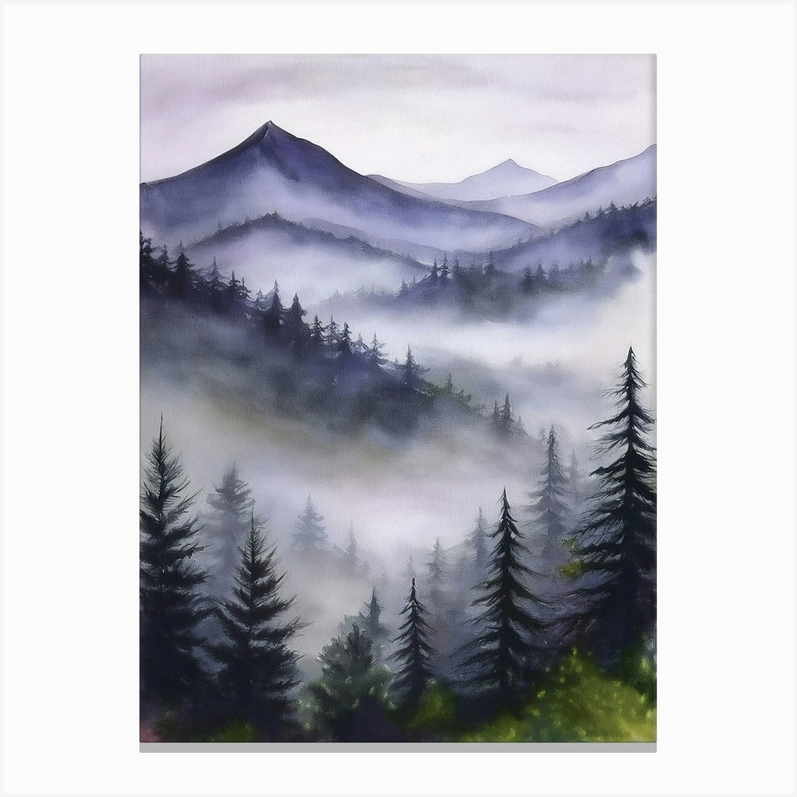 Appalachian Mountains of Misty Pines Spring, Watercolor Print of Evergreen Forest Art Print.B01 ...