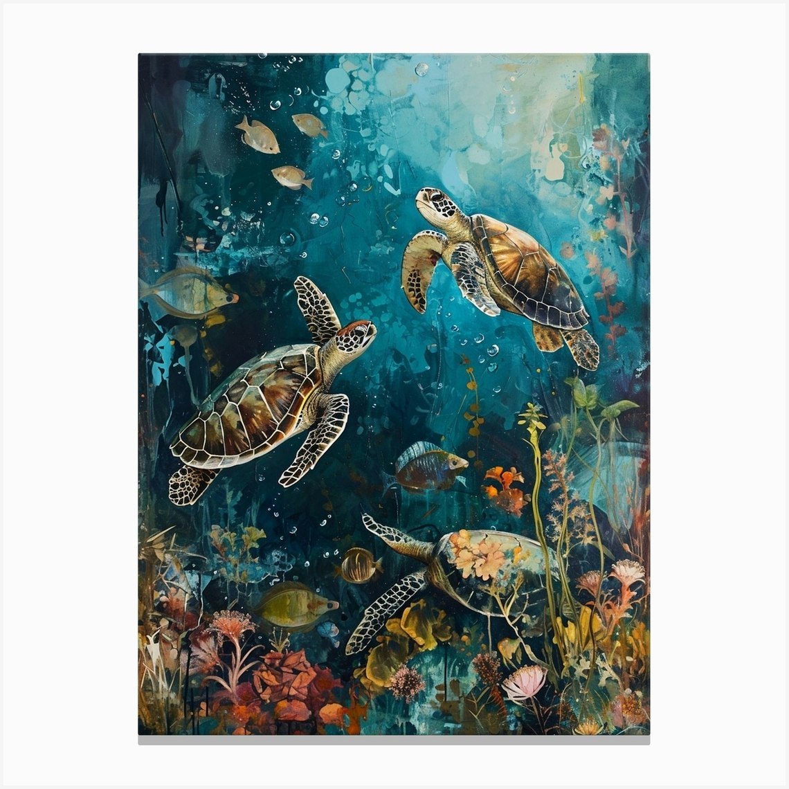 Sea Turtles With A Coral Reef Expressionism Style Painting 8 Canvas Print by Energy of the Sea - Fy